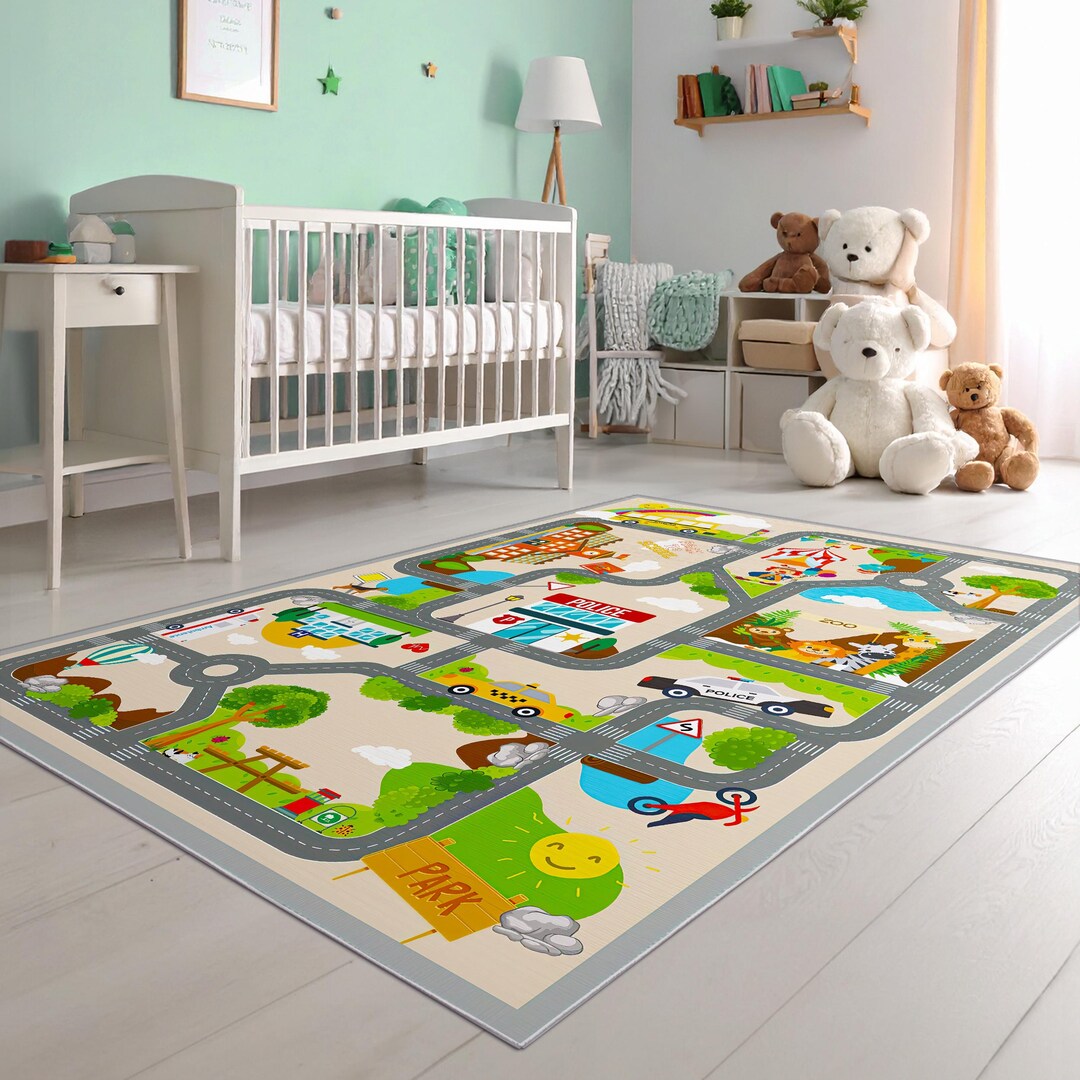 Kids Road Map Playmat Rug – Washable Non-slip Educational Toddler ...