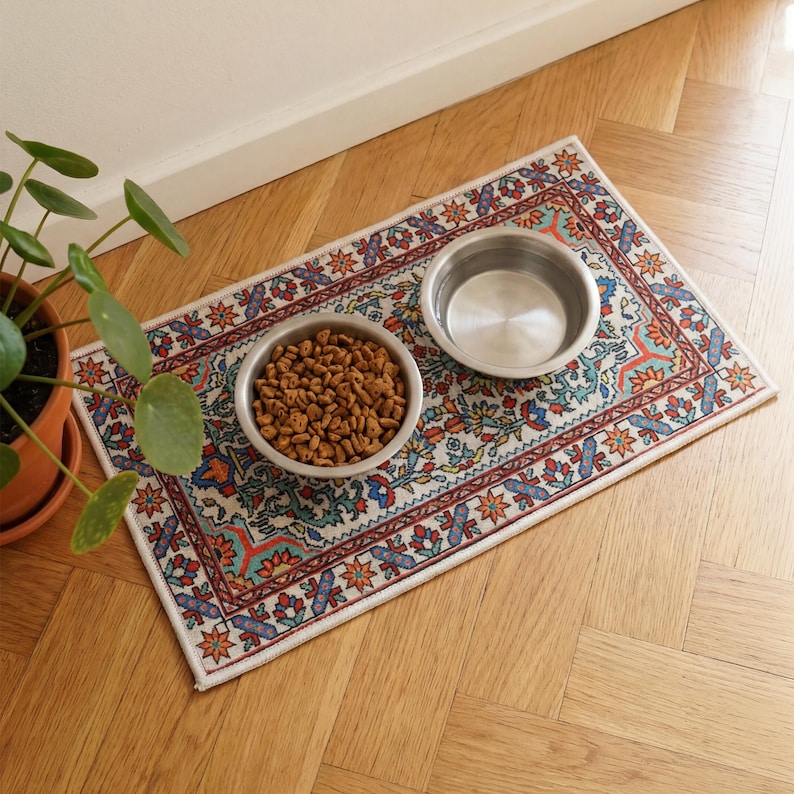 Personalized Pet Feeding Rug, Vintage Style Pet Mat, Washable Non-slip ...