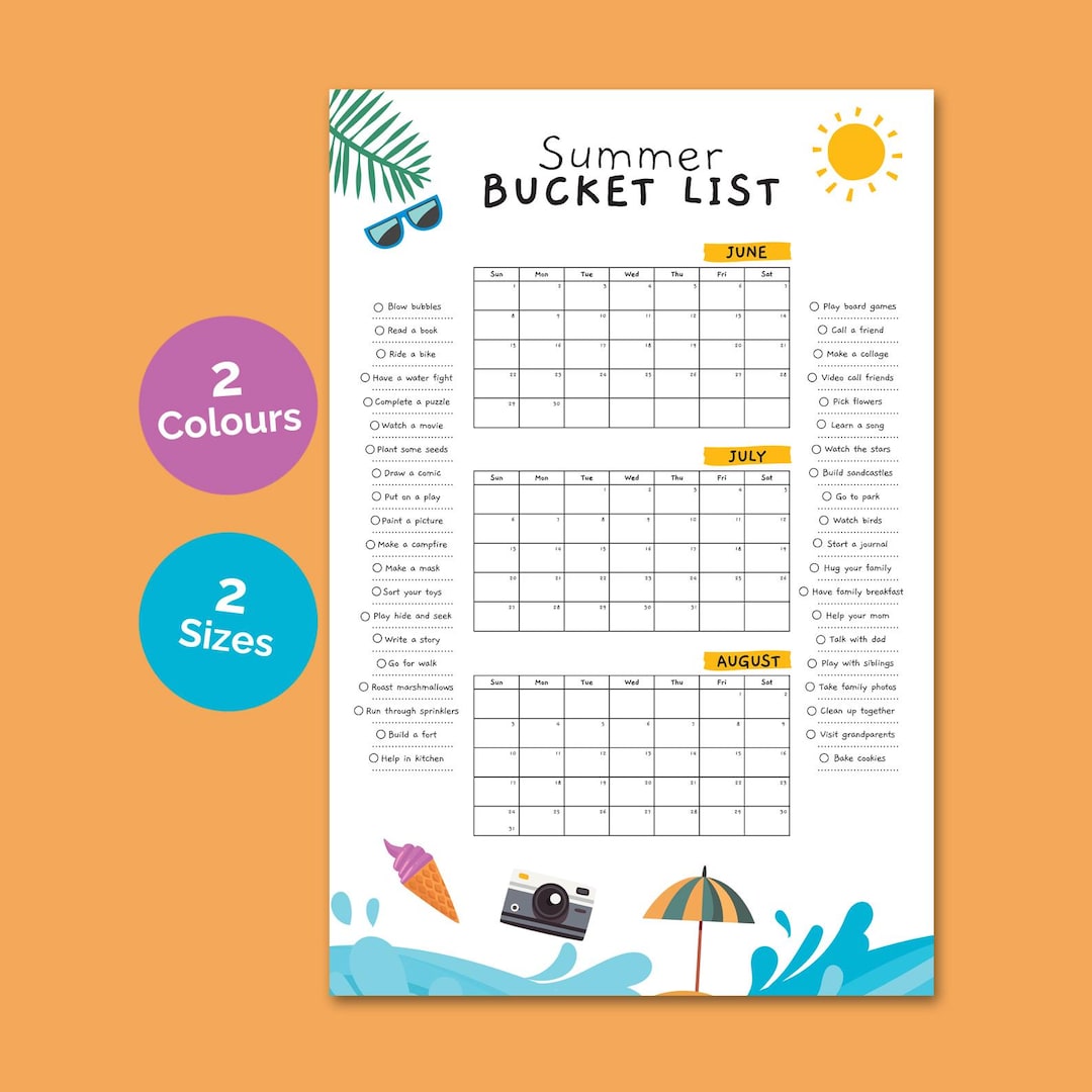 Summer Checklist & Bucket List Printable - Summer Calendar for Kids ...