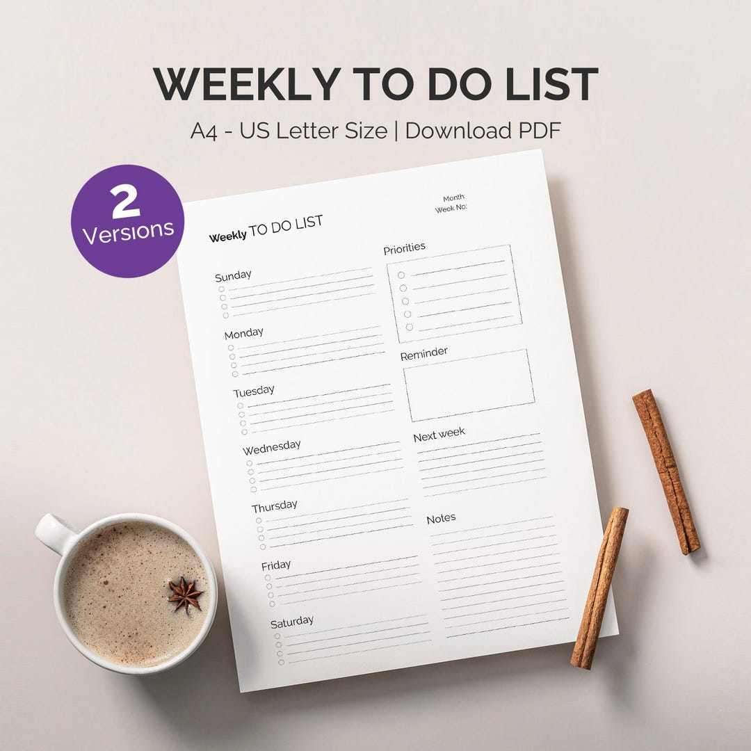Weekly to Do List and Task List Template PDF | Minimaslit Printable ...