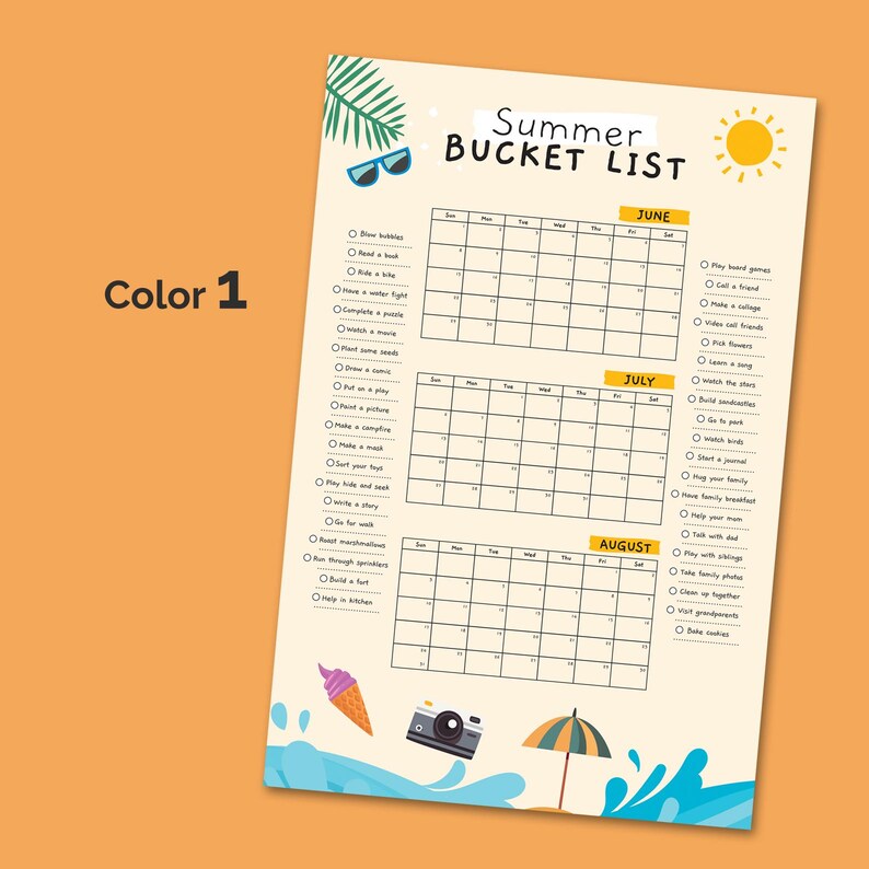 Summer Checklist & Bucket List Printable - Summer Calendar for Kids ...