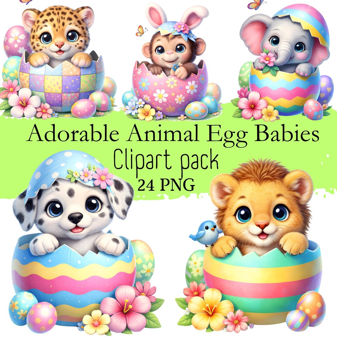 Easter Baby Animals Clipart Pack, Bunny Chick Elephant, Spring PNG (24 ...