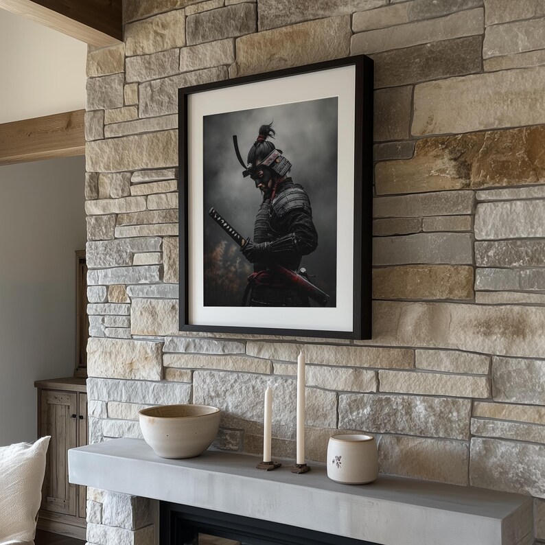 Vintage Samurai Armor Wall Art - Black and Grey Warrior Decor, Rustic ...