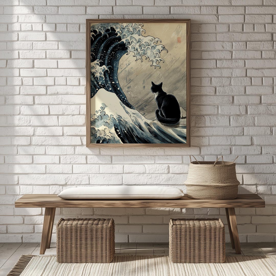 Printable Cat and Wave Art - Hokusai Inspired Ocean Scene, Moody ...