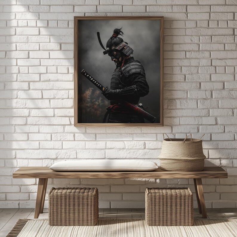 Vintage Samurai Armor Wall Art - Black and Grey Warrior Decor, Rustic ...