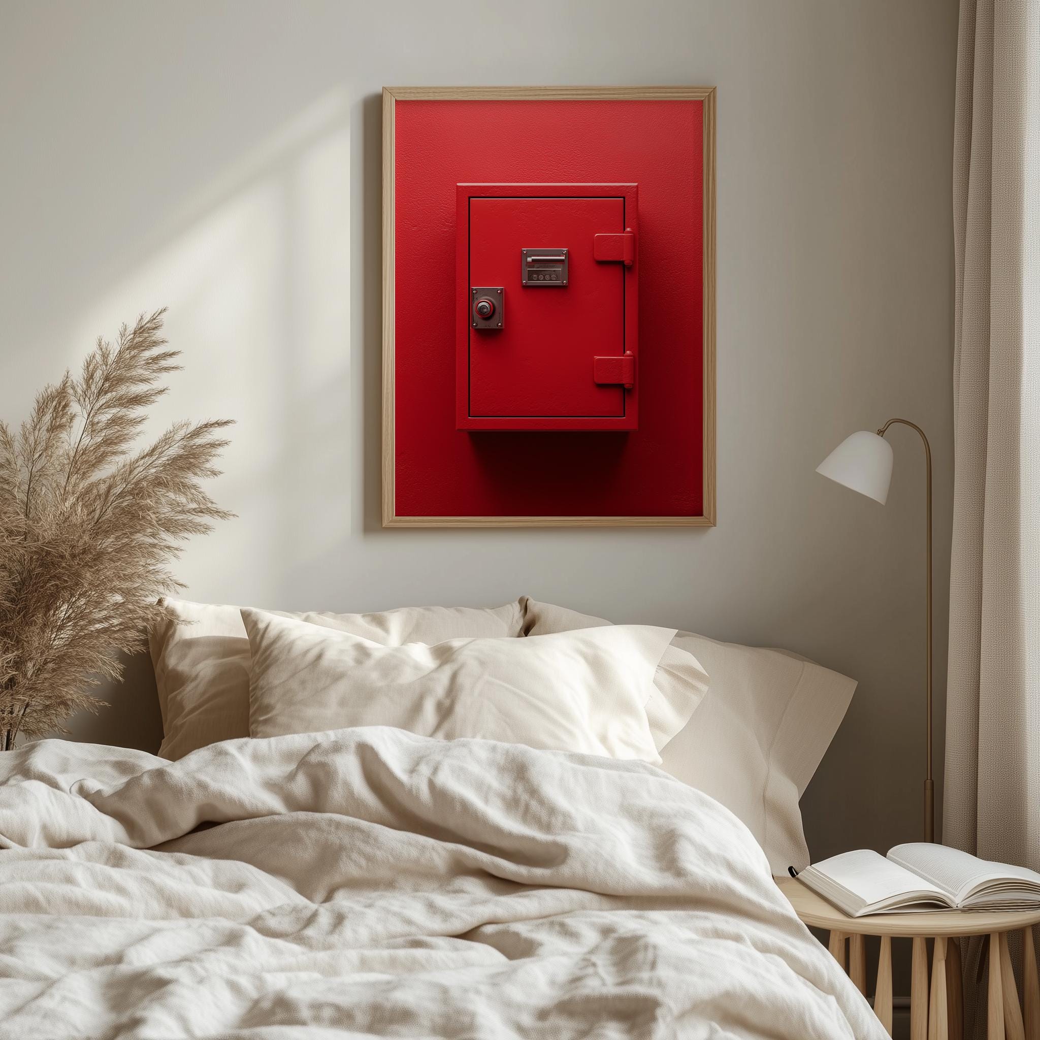 Vintage Red Safe on Rustic Stone Wall - Printable Industrial Art, Bold ...