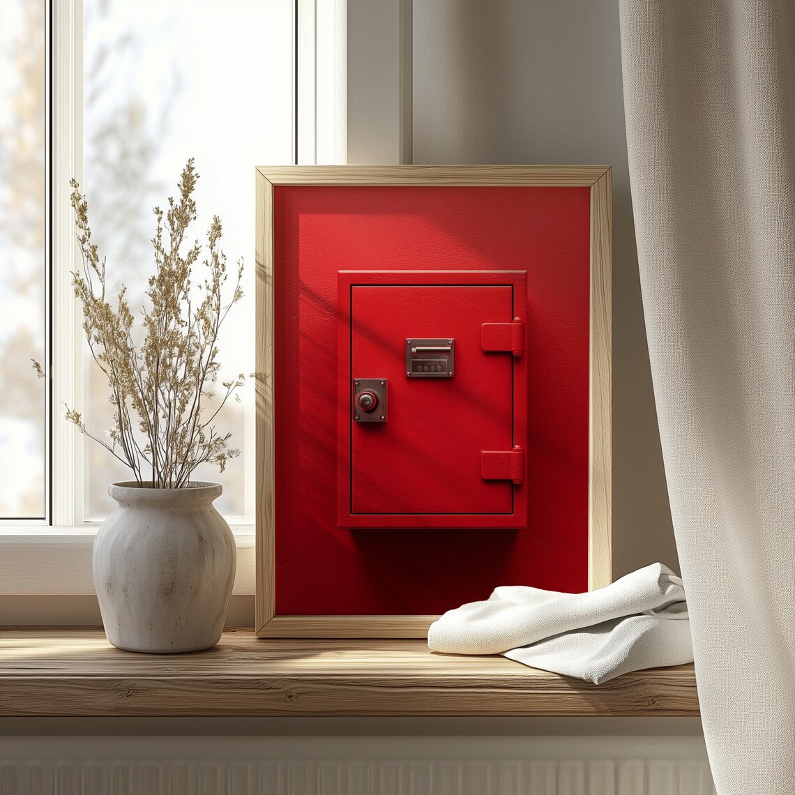 Vintage Red Safe on Rustic Stone Wall - Printable Industrial Art, Bold ...