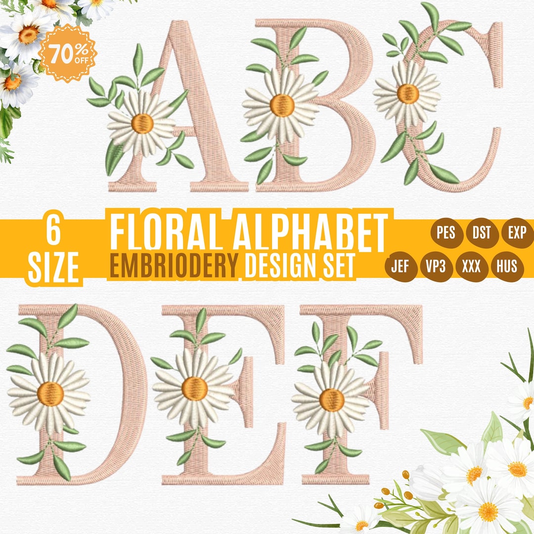 Daisy Floral Embroidery Font Bundle: Uppercase A-Z Alphabet, Wreaths ...