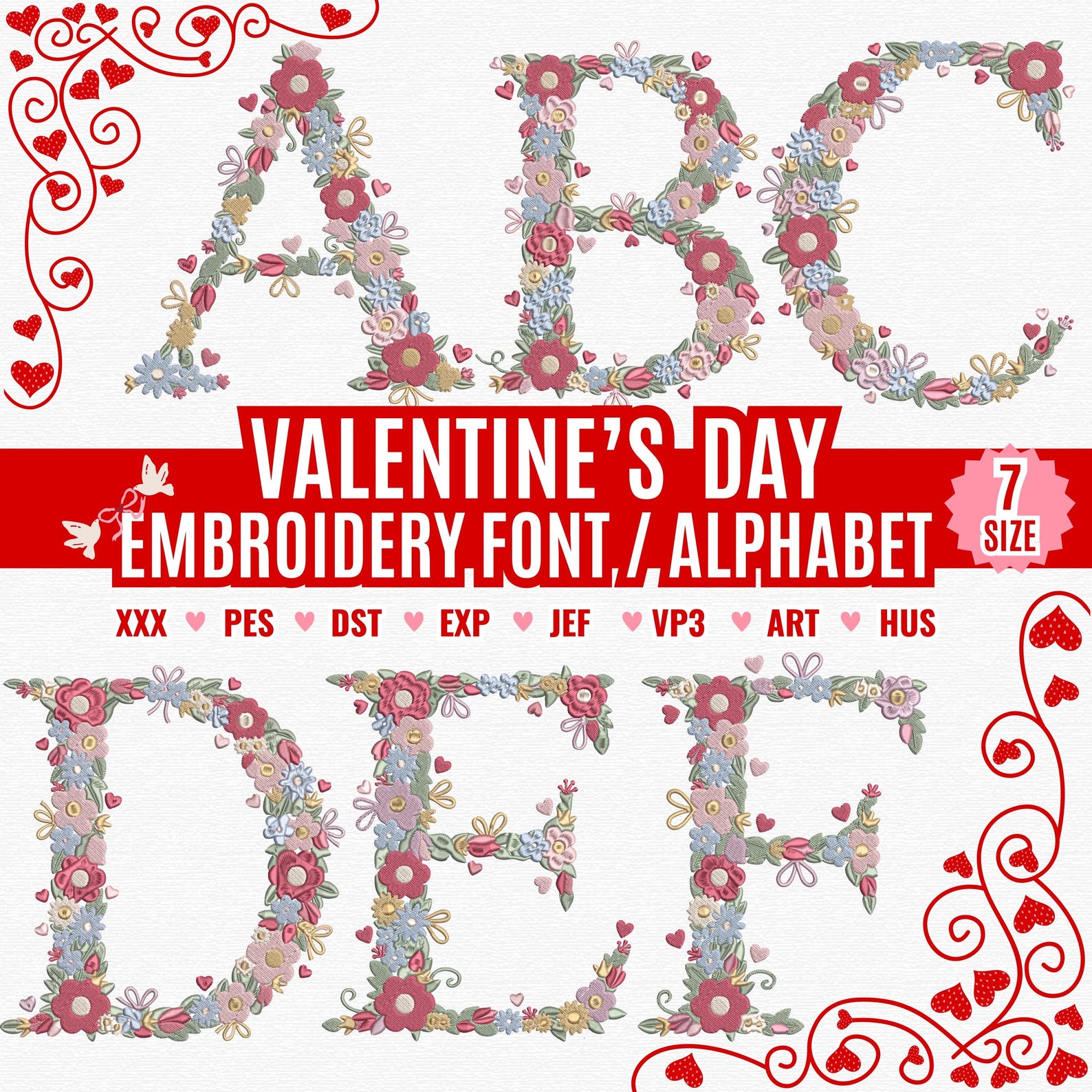 Valentine’s Day Floral Embroidery Font & Alphabet Bundle, A-Z Capital ...