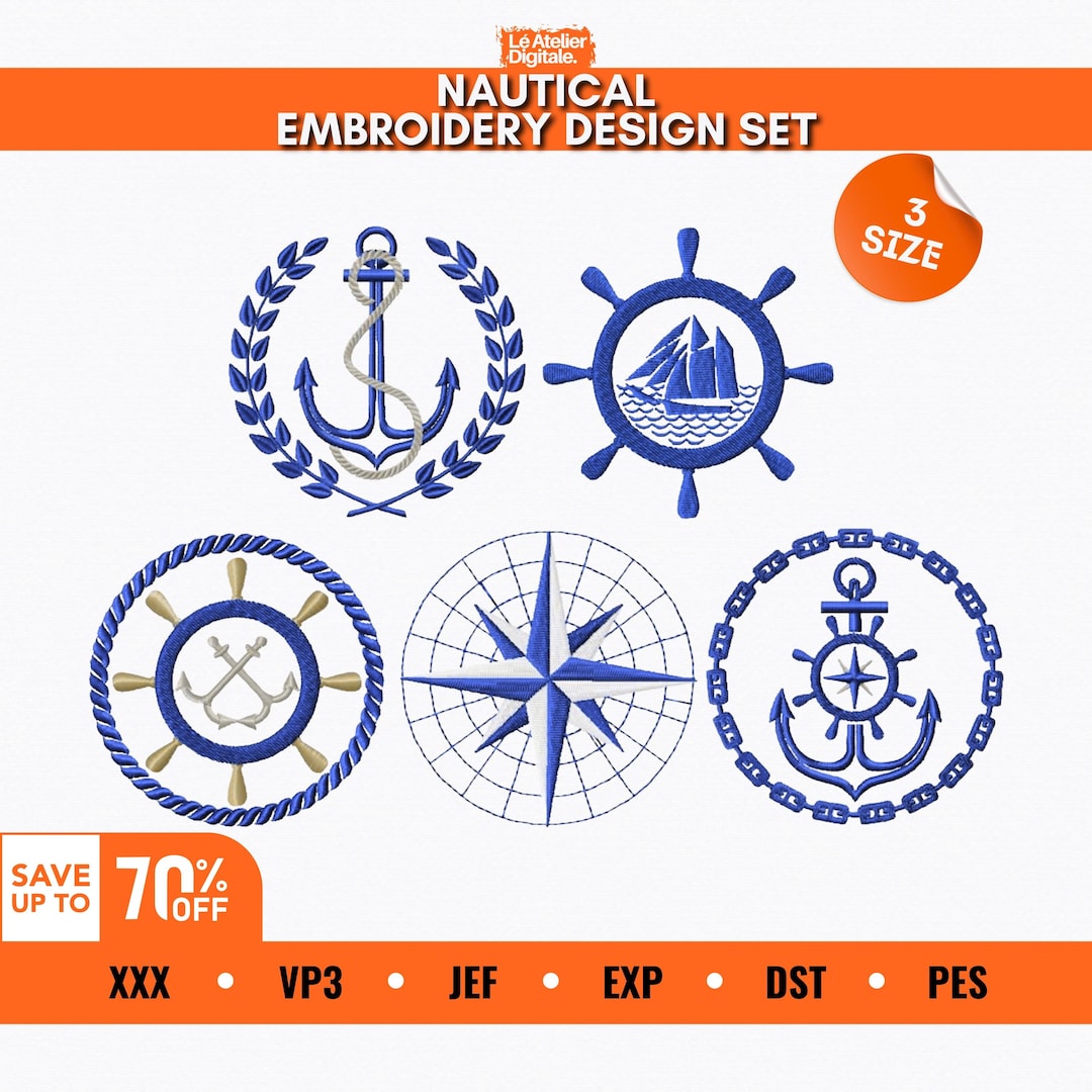 Nautical Embroidery Design Set: Anchor, Sailboat, Compass, Helm ...