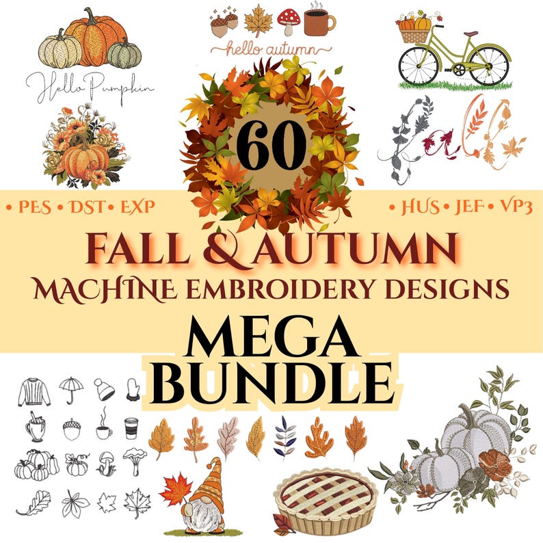 Fall Embroidery Designs: Pumpkins, Leaves, Gnomes Autumn Patterns ...