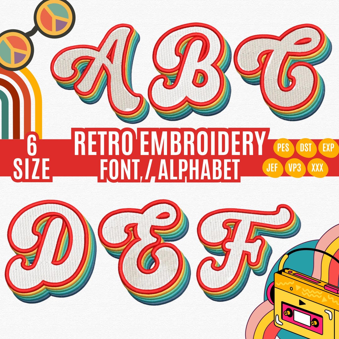 Retro Funky Embroidery Font PES DST: 60s Style Groovy Uppercase ...