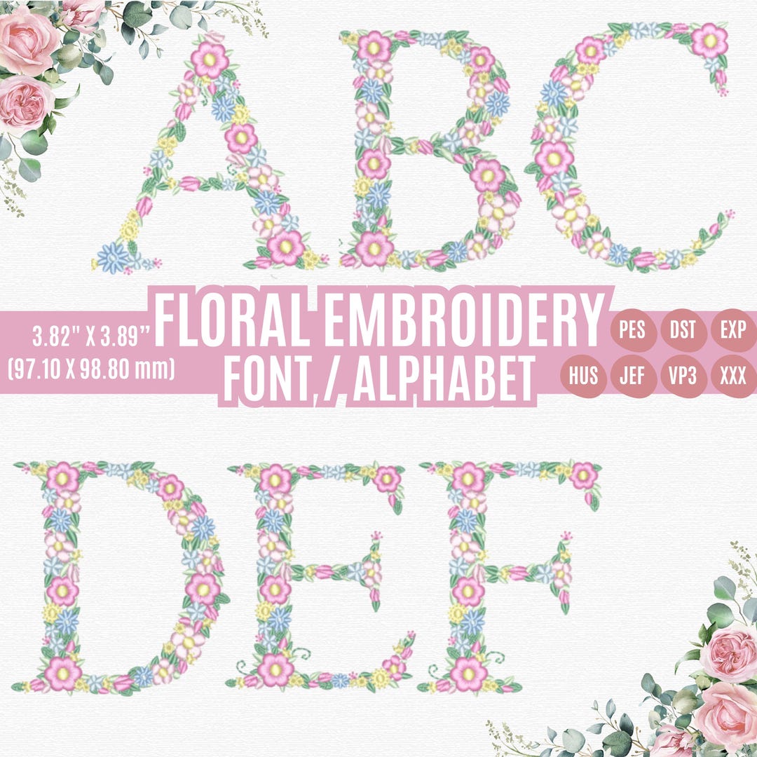 Police de broderie Alphabet floral de A à Z, motifs monogramme lettre ...