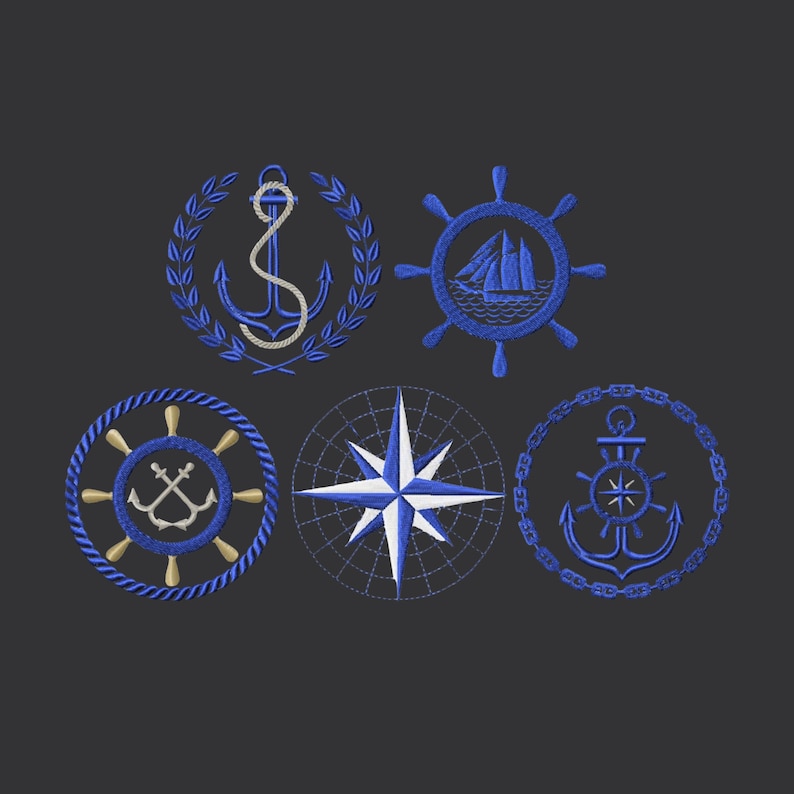 Nautical Embroidery Design Set: Anchor, Sailboat, Compass, Helm ...