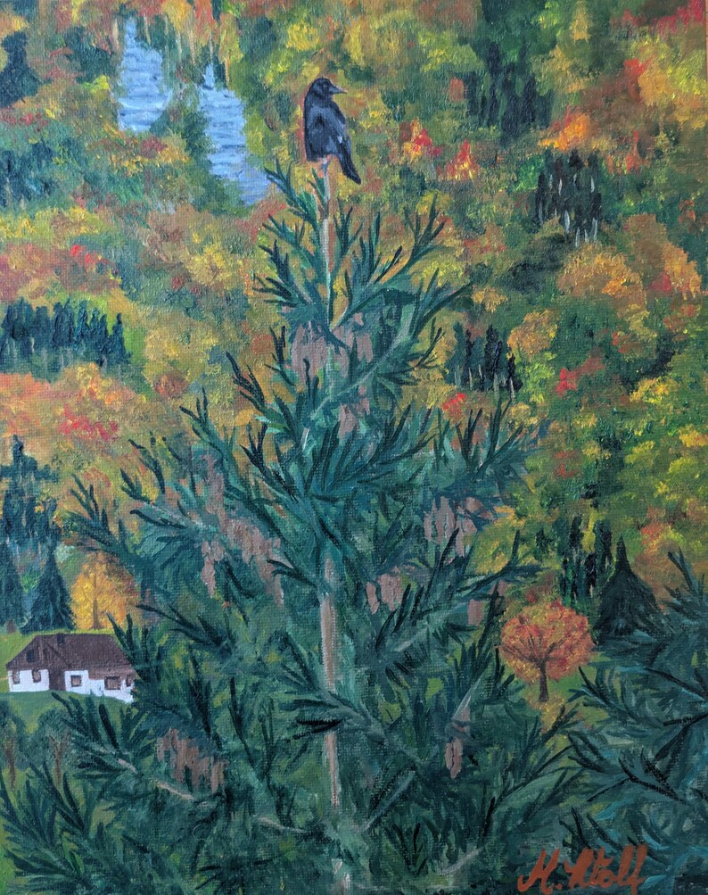 Raven on a Fir Tree, Oil Painting by M. Wolf, Fine Art Print, Autumnal ...