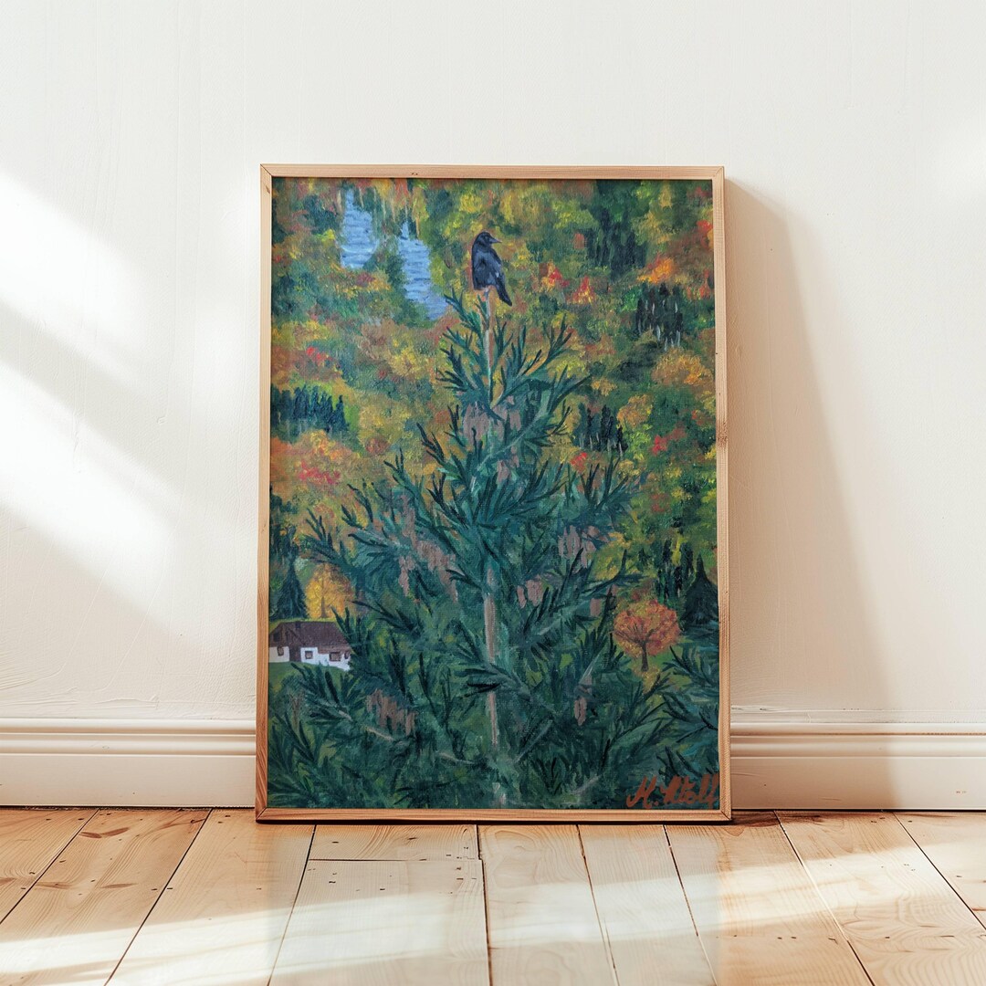 Raven on a Fir Tree, Oil Painting by M. Wolf, Fine Art Print, Autumnal ...