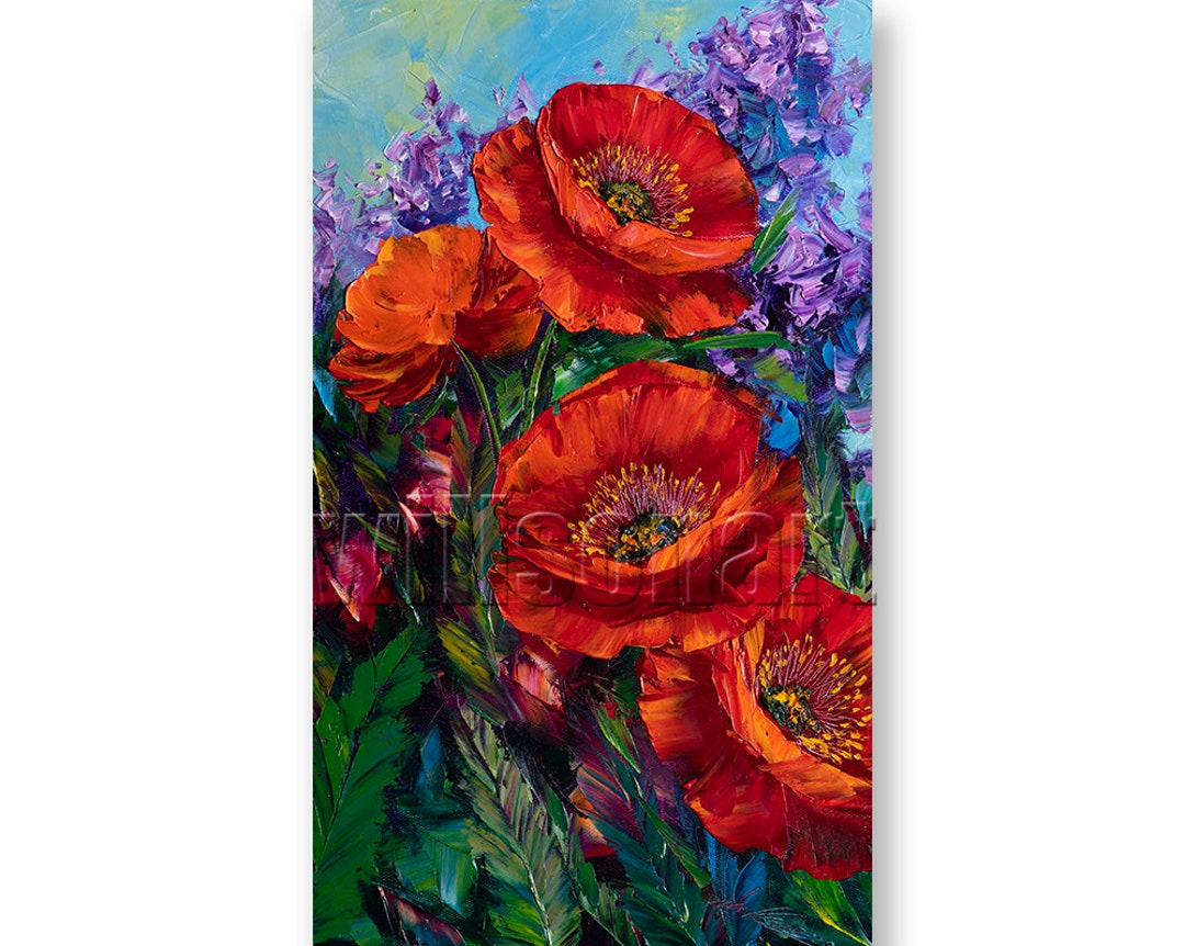 Original Red Poppies Textured Palette Knife Oil Painting Contemporary ...