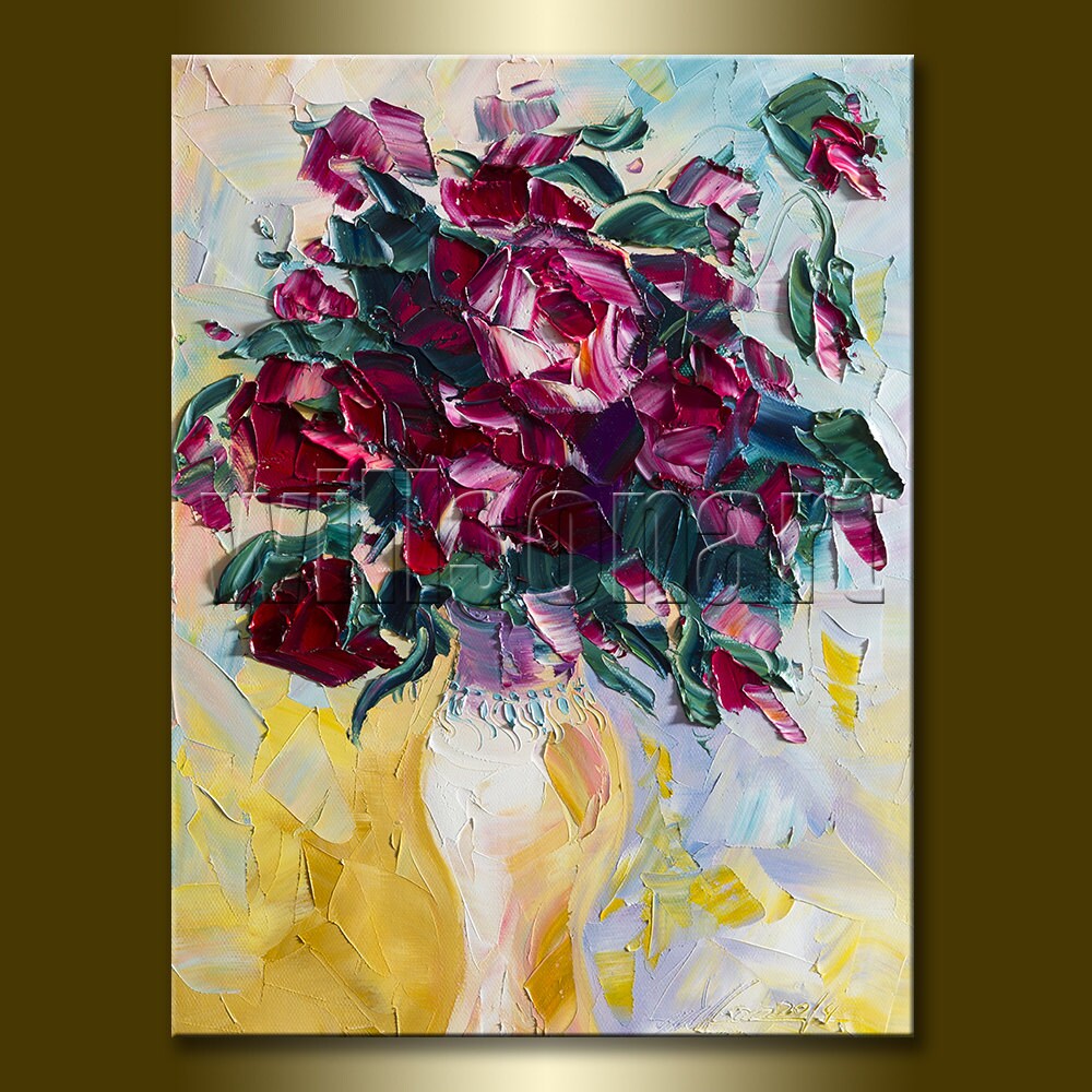 Rose Floral Canvas Modern Flower Oil Painting Textured Palette | Etsy