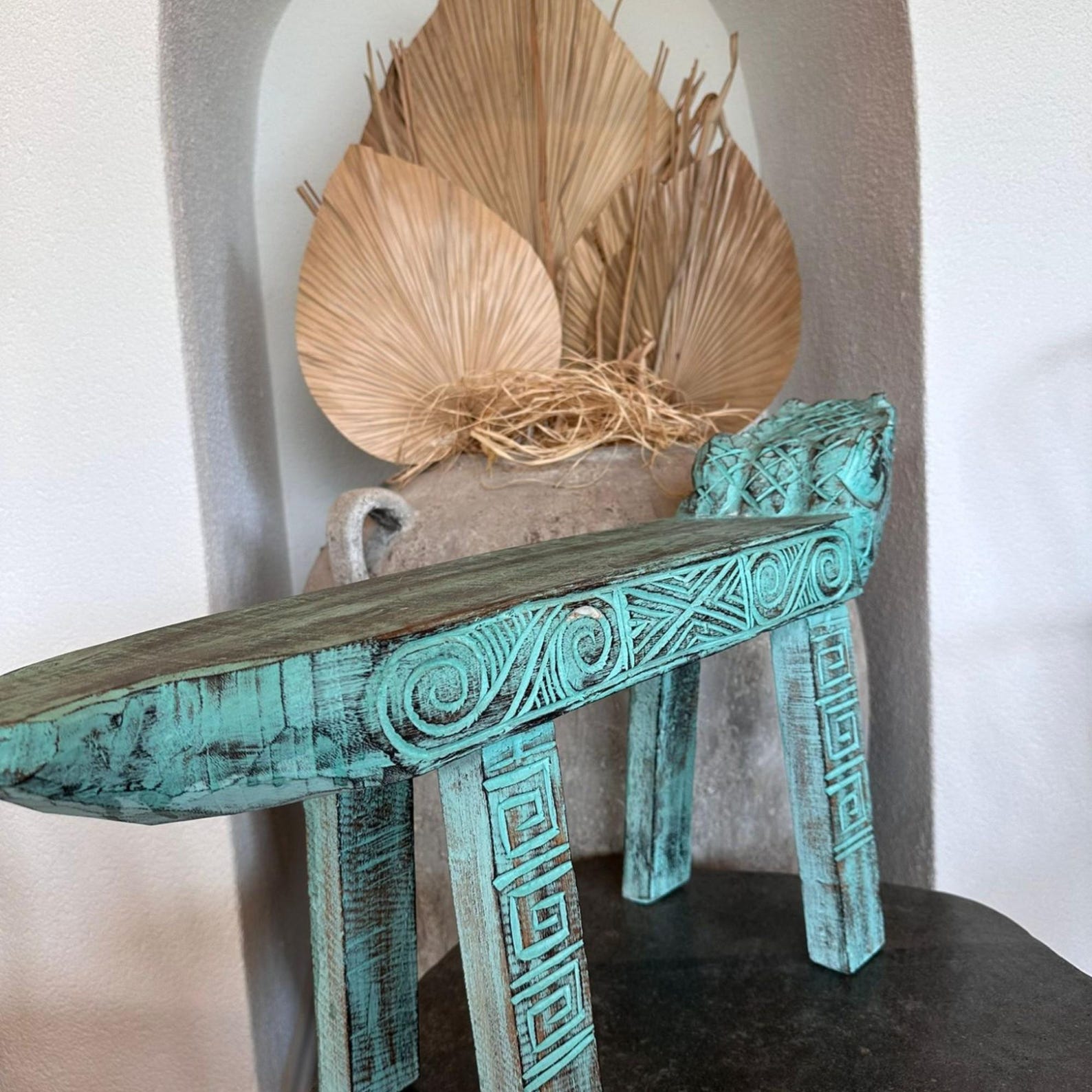 Hand-carved Wooden Tribal Crocodile Bench | Turquoise Patina Wood Decor ...