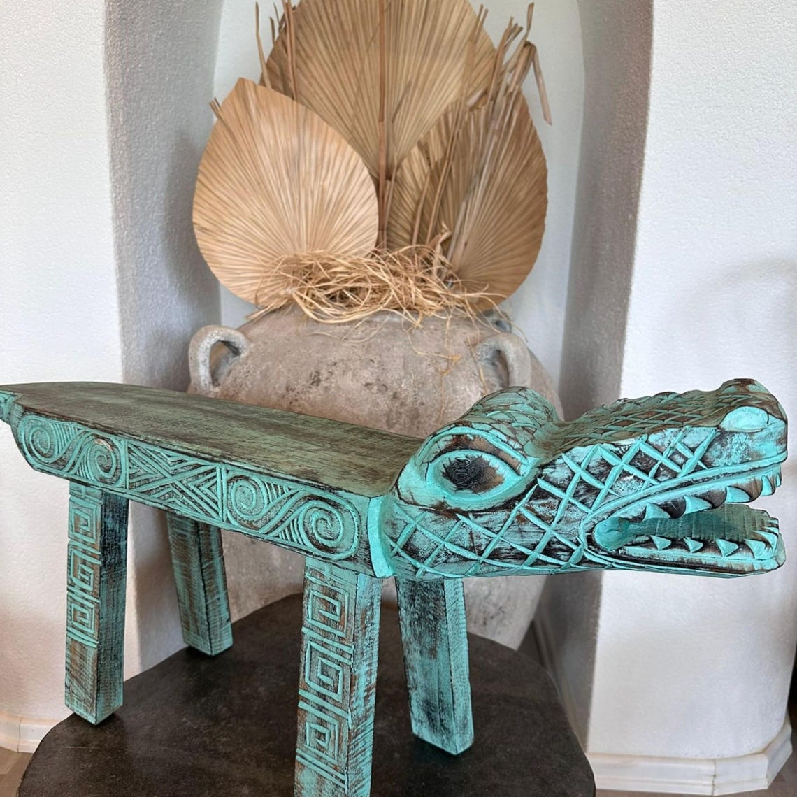 Hand-carved Wooden Tribal Crocodile Bench | Turquoise Patina Wood Decor ...
