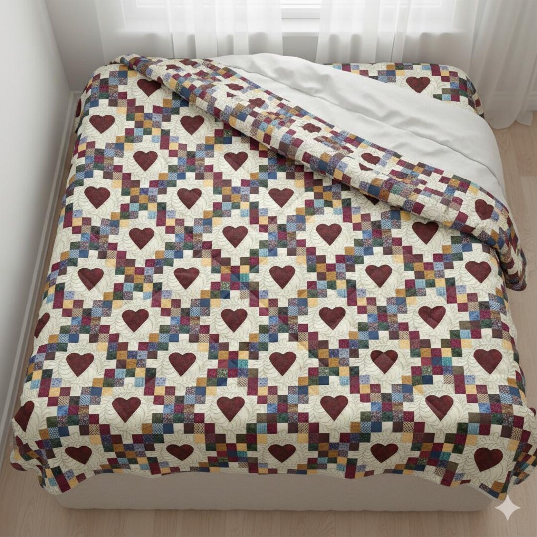 Heart Block Pattern 2D Printed Quilt, Country Farmhouse Quilt ...