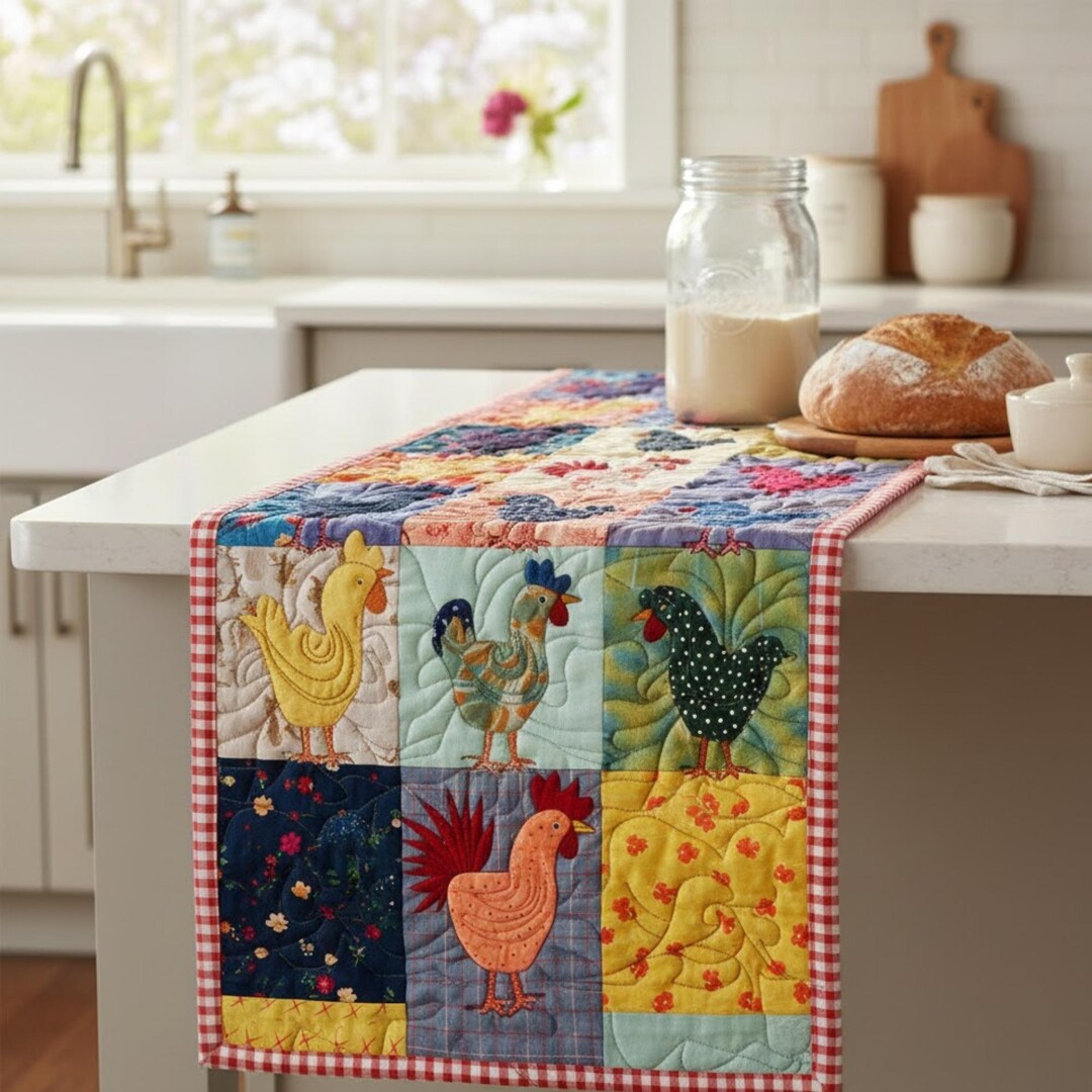 Colorful Rooster Quilted Table Runner, Farmhouse Chicken Dining Decor ...