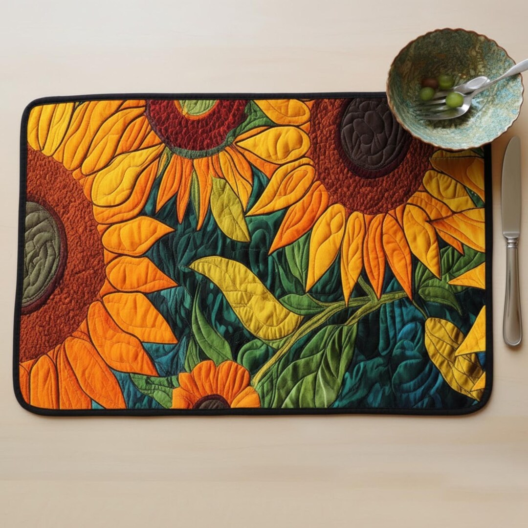 Sunflower Patchwork Placemat, 2D Printed Floral Table Mat, Realistic ...