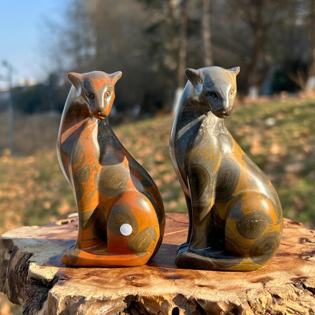 Hand Carved Leopard Skin Jasper Cat Sculpture, Home Decor - Etsy