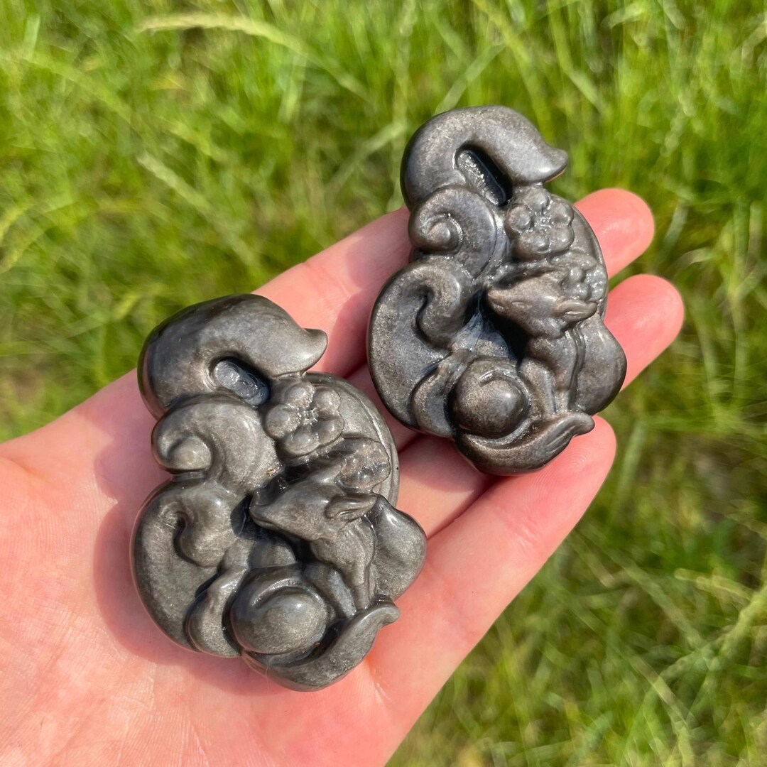 Natural Silver Obsidian Nine-tailed Fox Carving,fox Skull,hesling Gift ...
