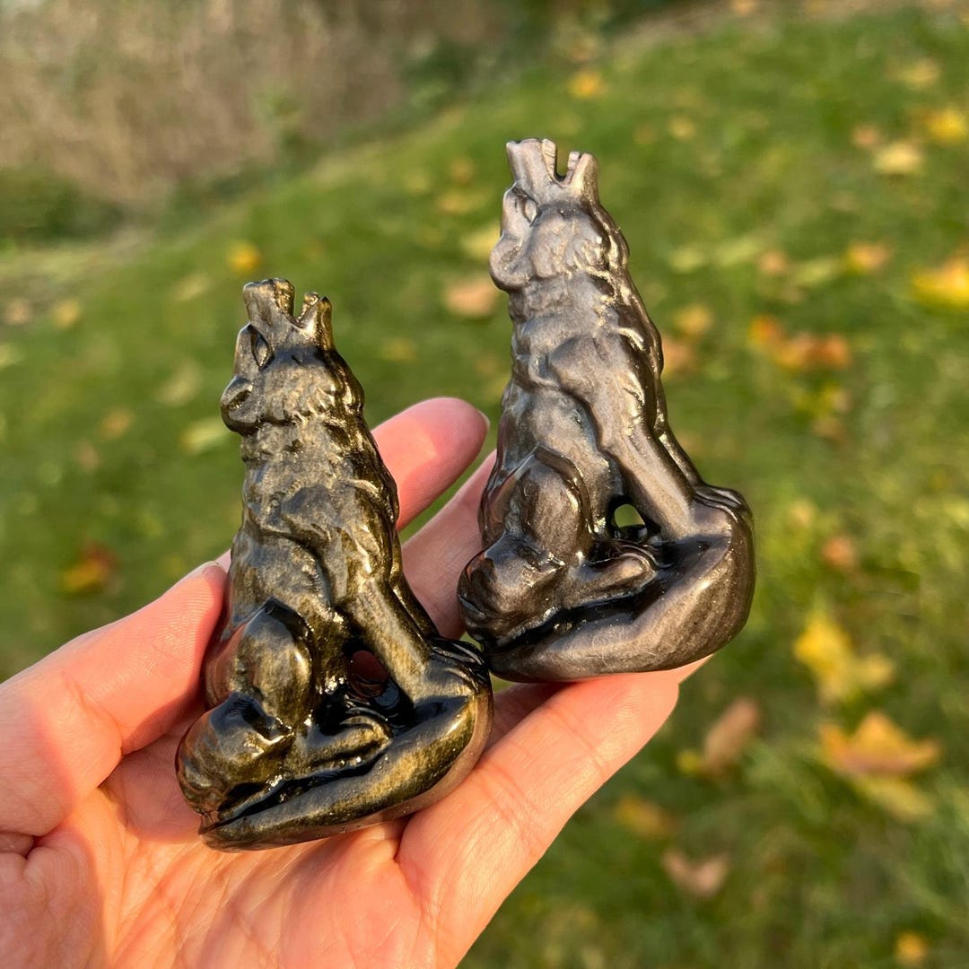 3.5" Natural Silver/golden Obsidian Wolf Carving,crystal Animal ...