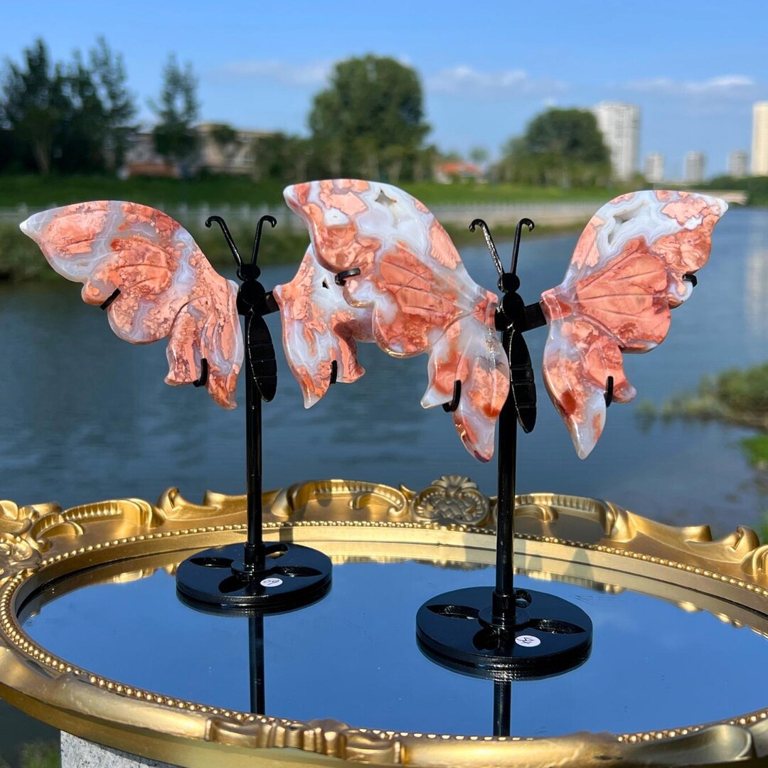 Pink Agate Butterfly Wings With Stand: Natural Crystal Carving - Etsy
