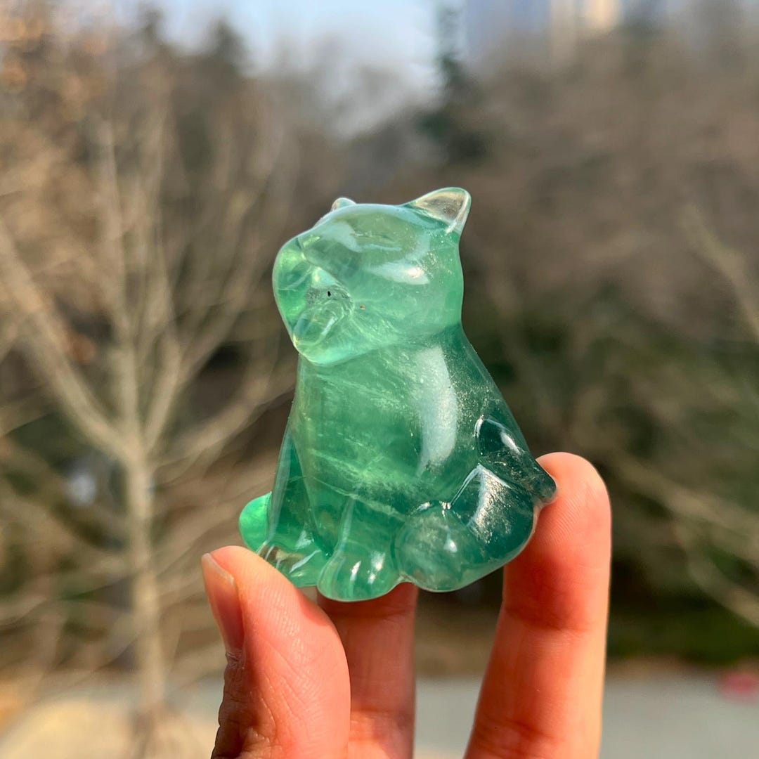 1.9" Natural Fluorite Yawn Cat Carving,crystal Carved Animal,home Decor ...