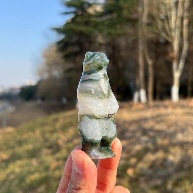 2.9" Natural Moss Agate Standing Bear Carving,hand Carved Animal,home ...