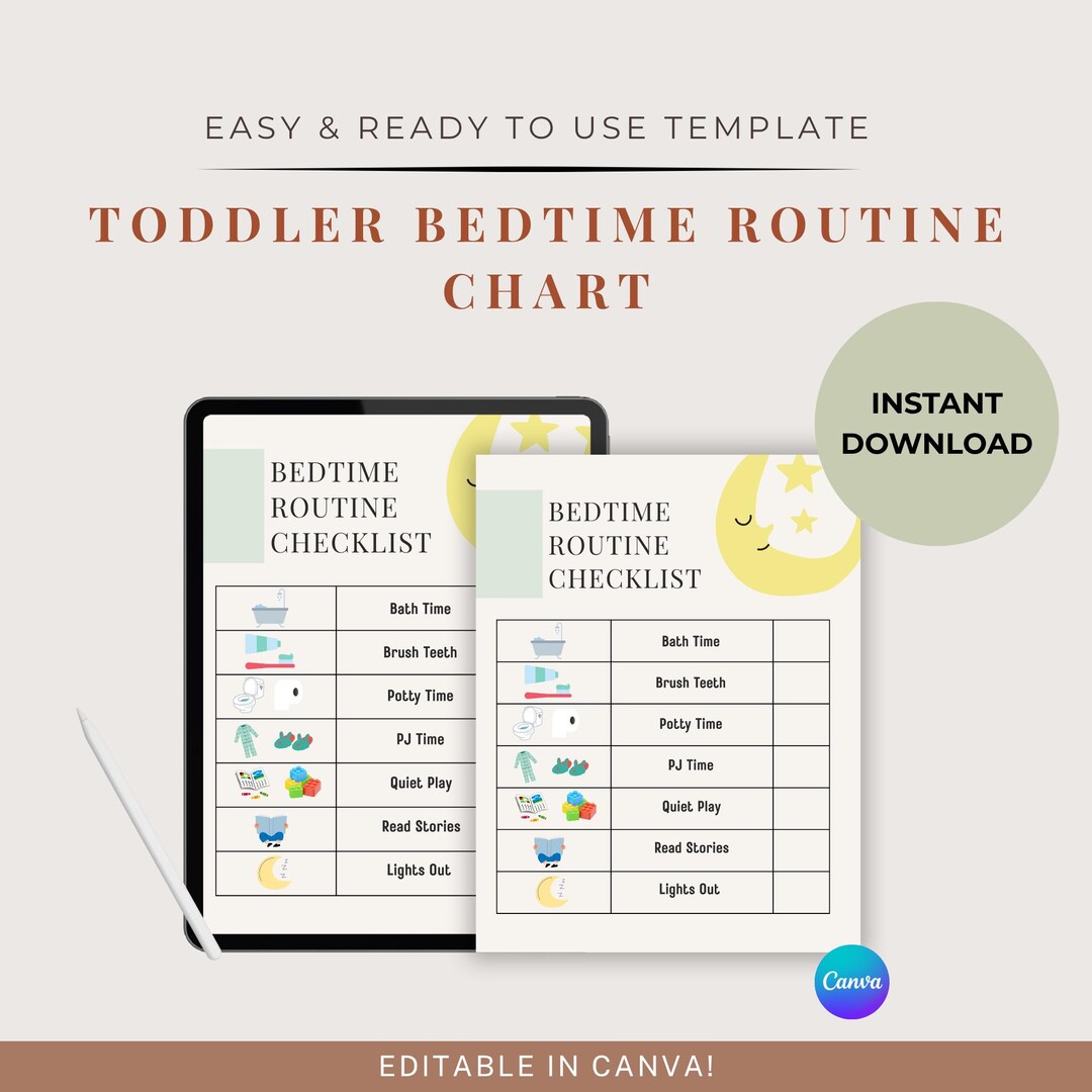 Neutral Toddler Bedtime Routine Chart | Editable Canva Template ...