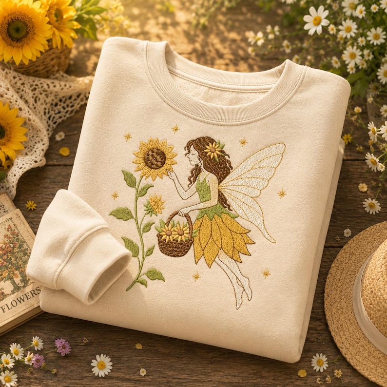 Sunflower Fairy Embroidery Design, Flower Fairy With Sunflower Basket ...