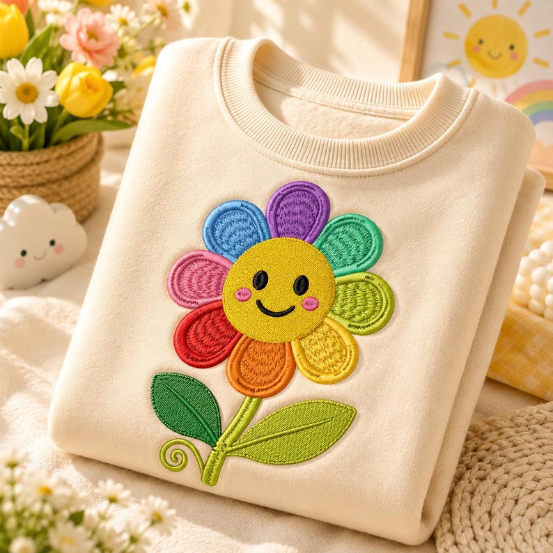 Cute Smiling Rainbow Flower Embroidery Design, Kawaii Daisy Kids ...