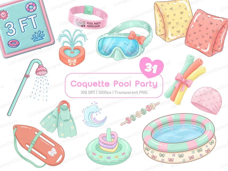 31 Coquette Pool Party Clipart, Pastel Summer PNG, Swim Elements - Etsy
