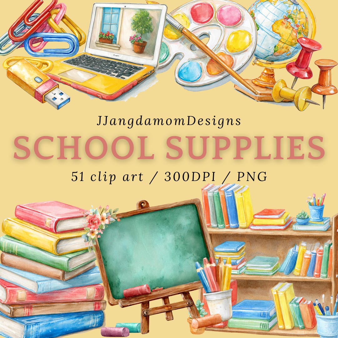 Watercolor School Supplies Clipart: Teacher Planner PNG Bundle (digital ...