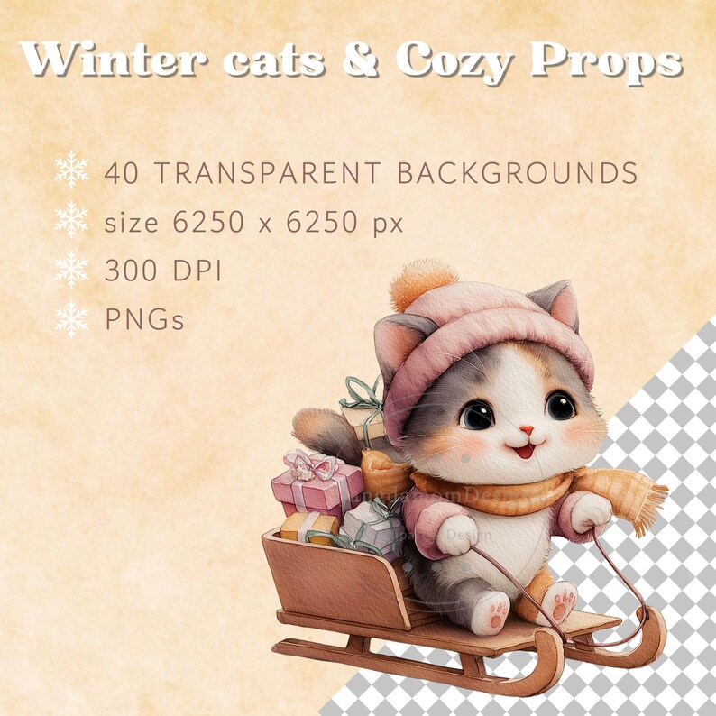 Watercolor Winter Cat Clipart Bundle: Cozy Christmas PNG Stickers ...