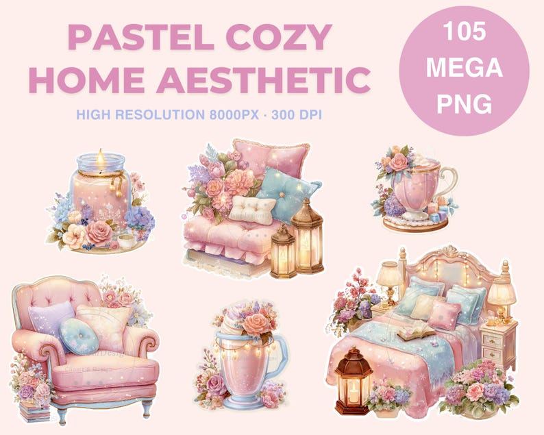 Pastel Cozy Home Clipart Bundle | Room Decor PNG | 105 PNG Set - Etsy