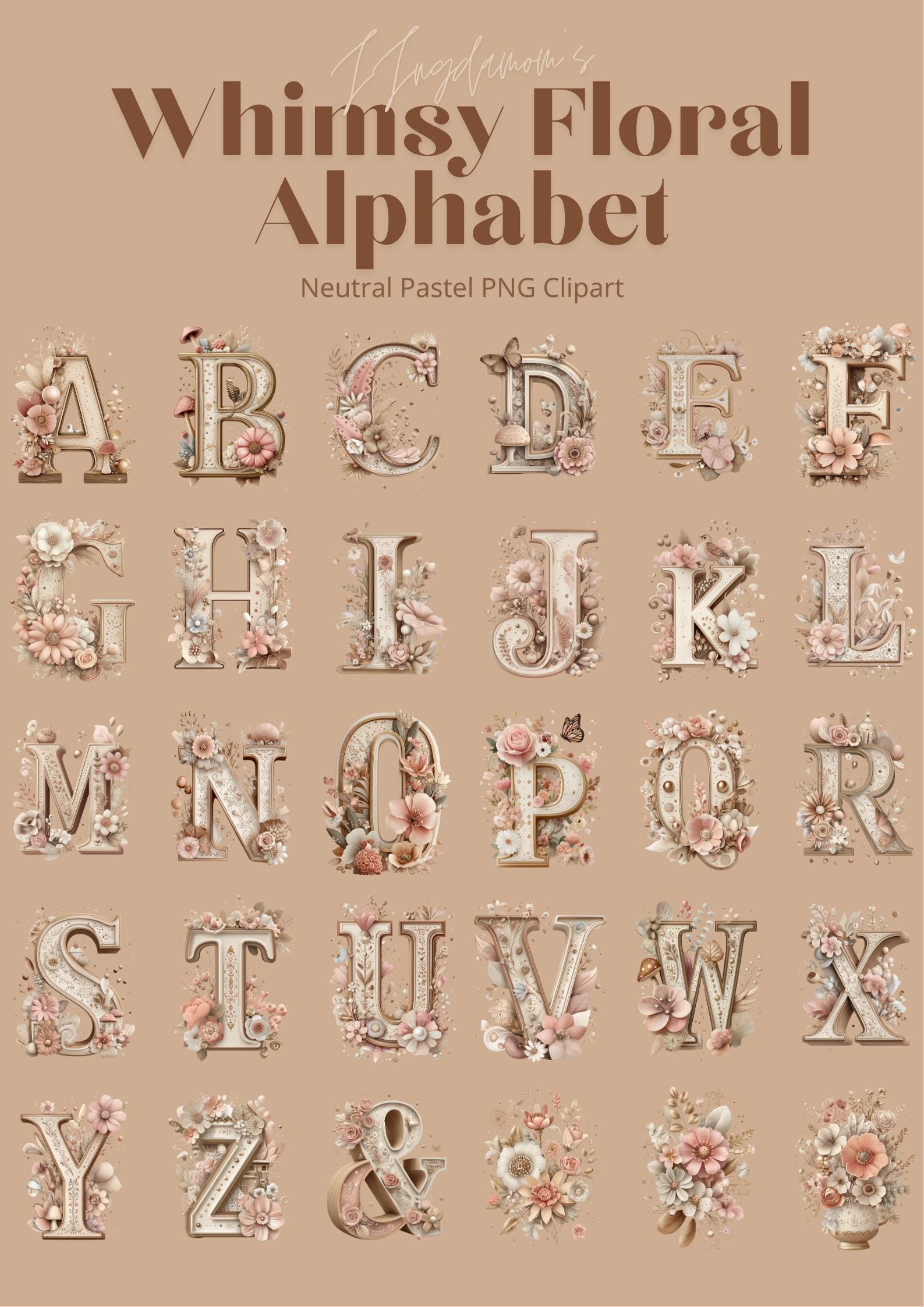 Boho Watercolor Floral Alphabet Clipart – A-Z PNG Letters & Flowers for ...