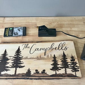 Personalized Family Name Wood Sign | Live Edge Pyrography Lake Scene - Etsy
