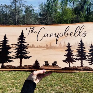 Personalized Family Name Wood Sign | Live Edge Pyrography Lake Scene - Etsy