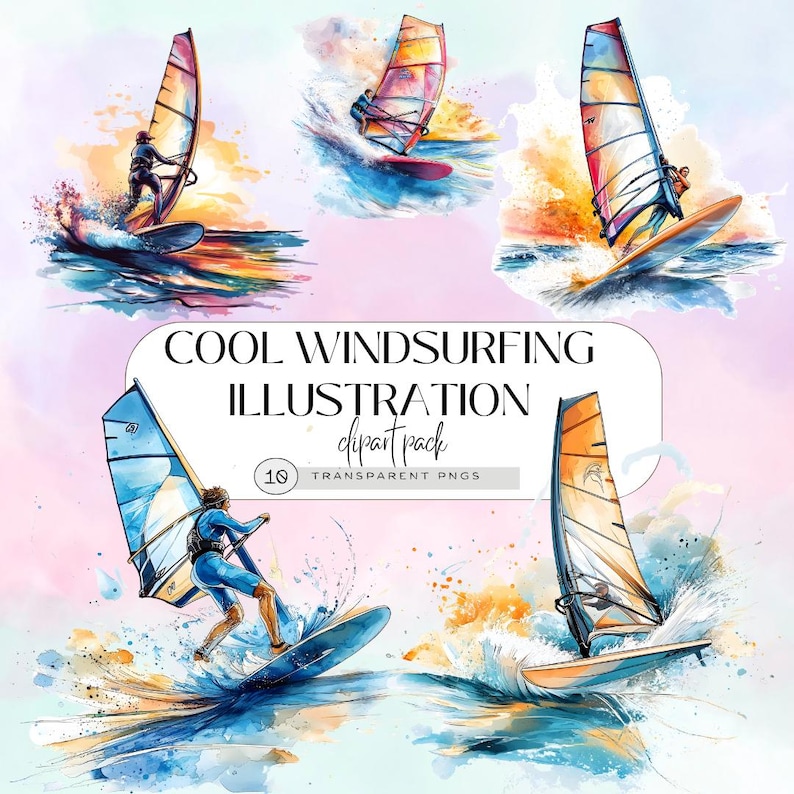 Watercolor Windsurfing Clipart Set, Summer Beach Sail PNG, Ocean Water ...