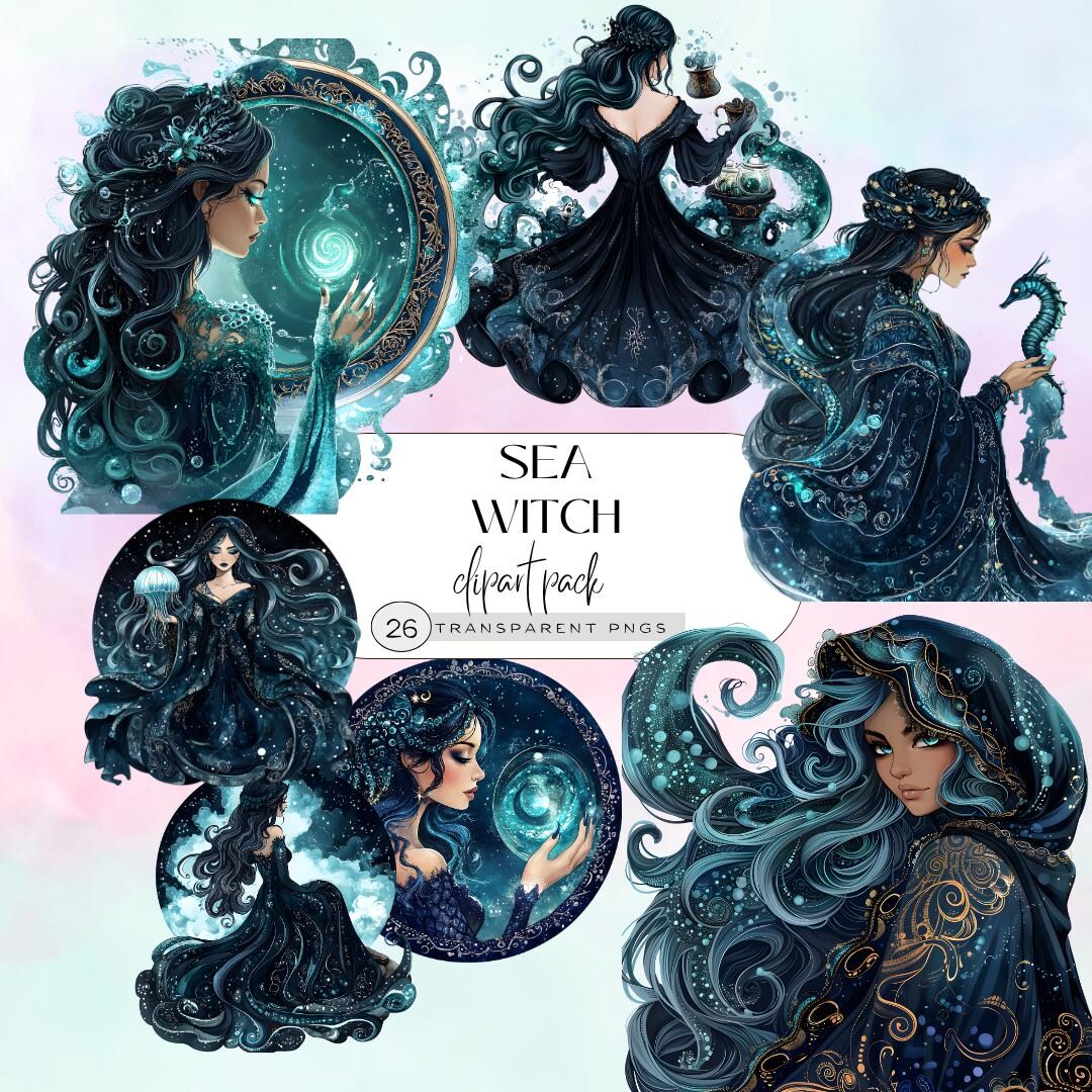 Sea Witch Clipart Set: Gothic Mermaid PNG Graphics (digital Download ...