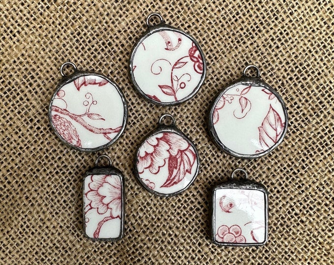 Antique English Red Toile Porcelain China Pieces Hand Soldered Pendants ...