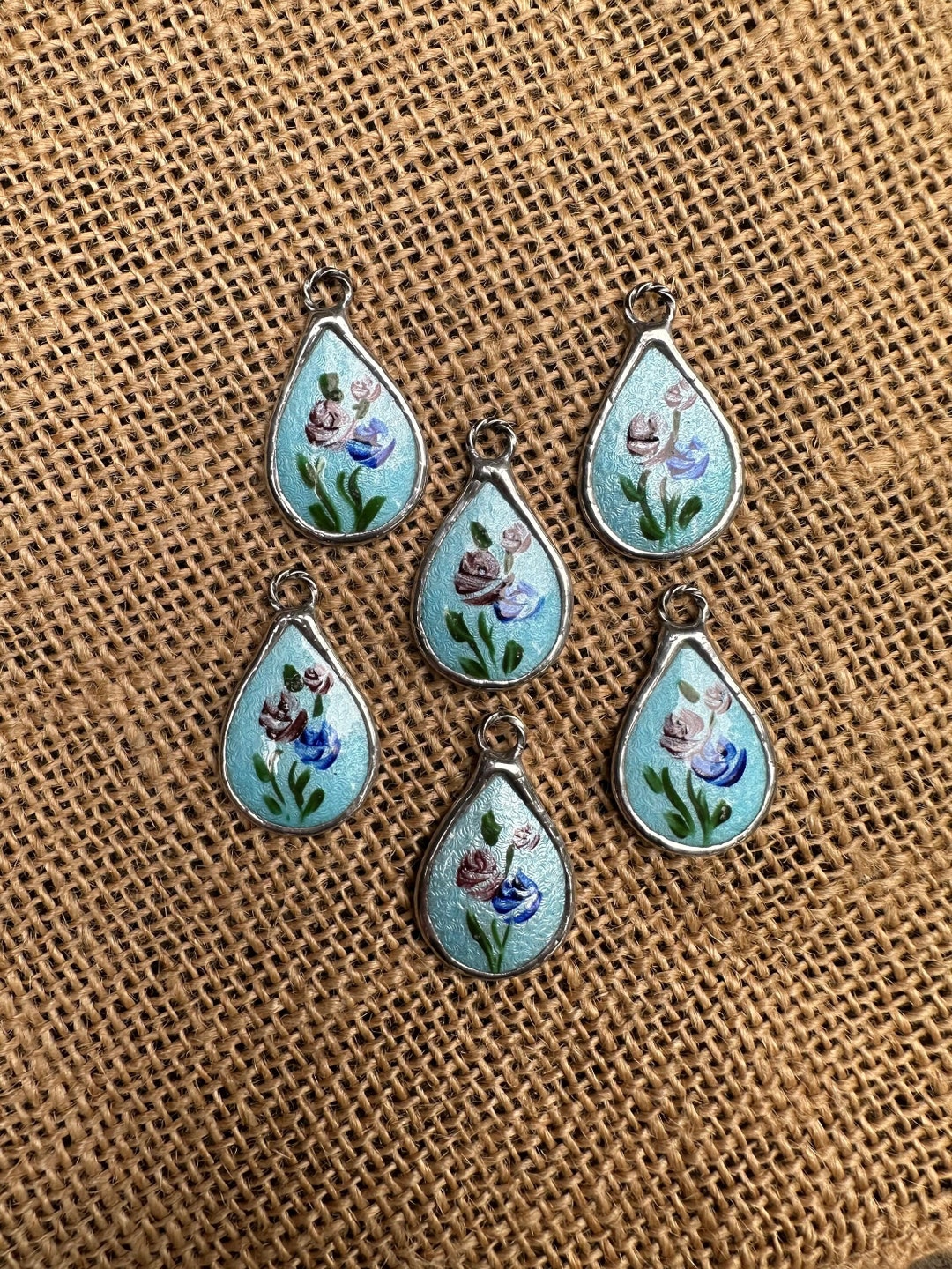 Blue Hand Soldered Teardrop Antique Roses Painted Enamel Guilloche ...