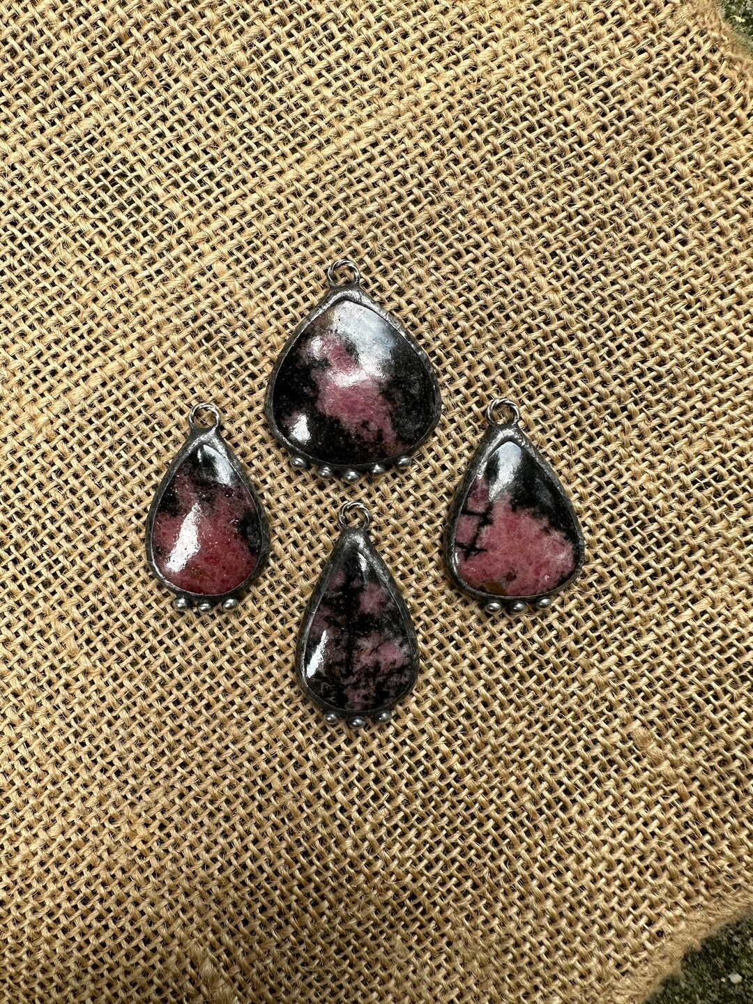 Pink & Black Rhodonite Soldered Pendants Dot Texture Metalwork Artisan ...
