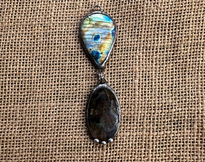 Labradorite Double Drop Stone Pendant Duo Artisan Solder Rustic Double ...