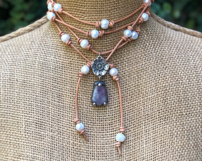 Pewter Poppy Flower Pendant With Soldered Rose Quartz Stone on Long ...